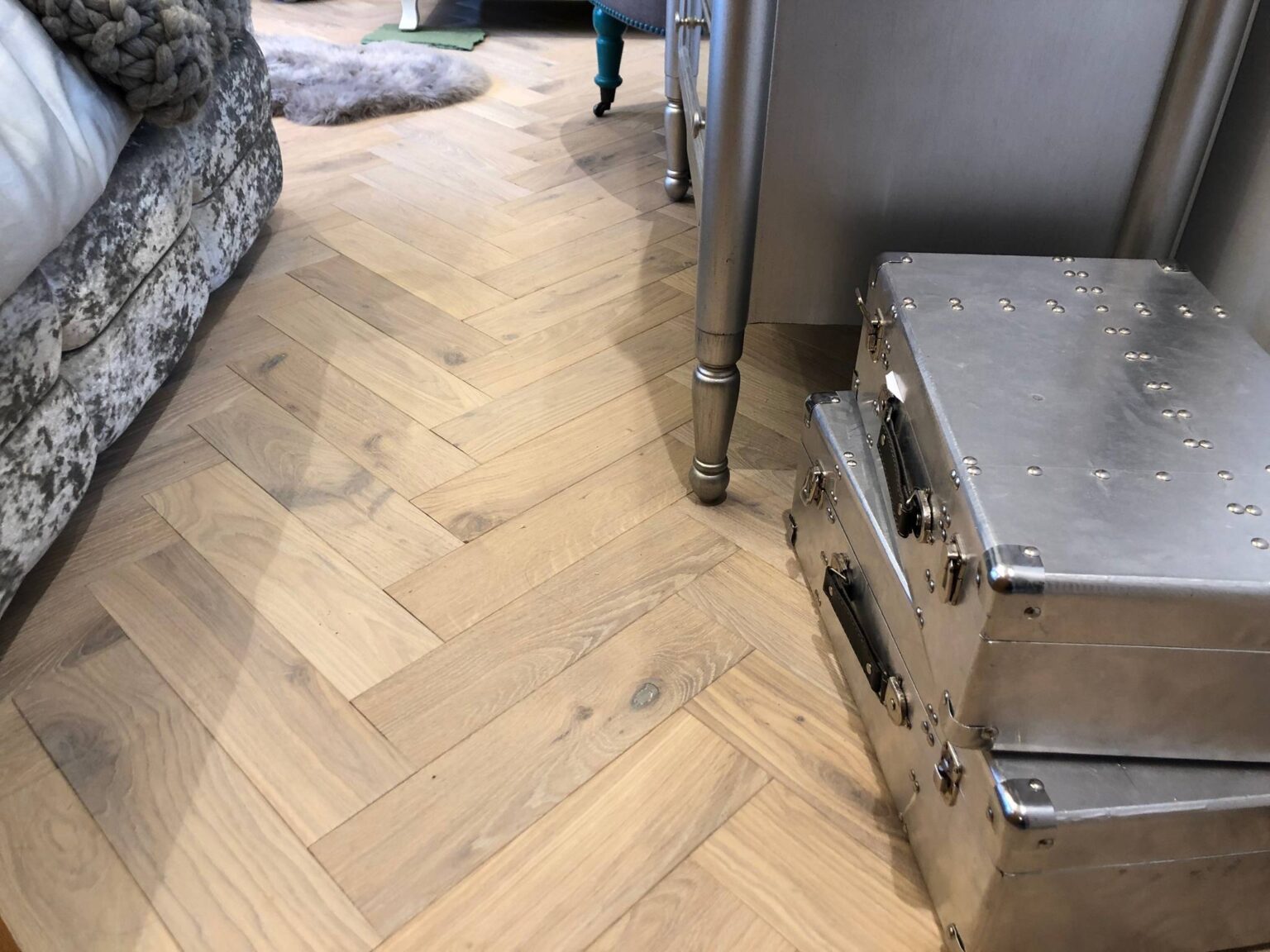 Custom White Parquet Herringbone - Woodcraft Flooring
